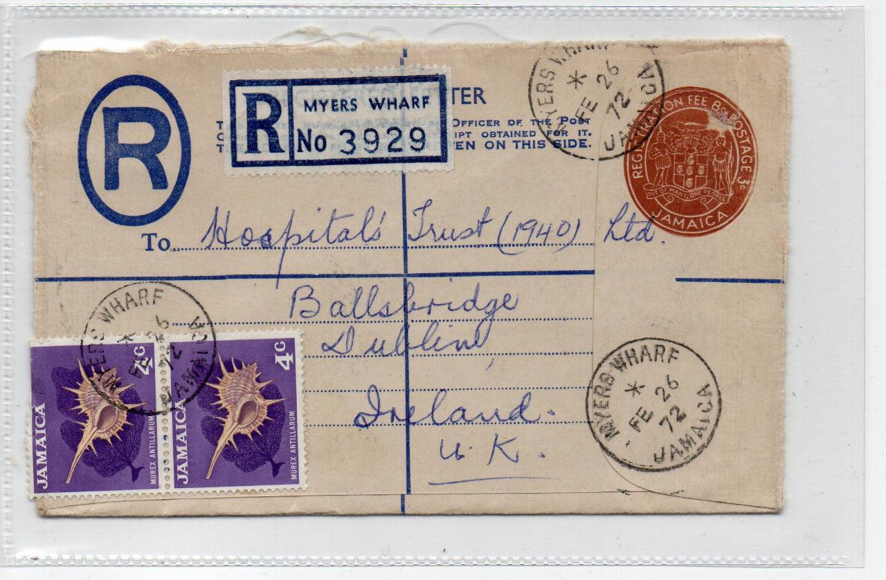 JAMAICA: 1972 Registered postal stationery to Irish Sweepstakes, Dublin ...