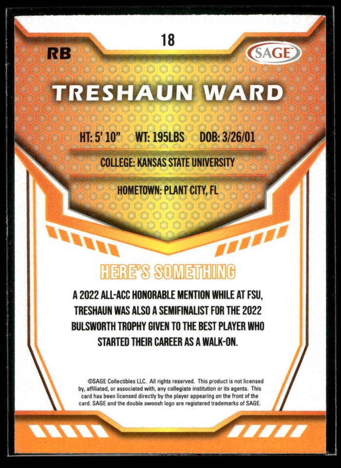2024 SAGE Low Series Treshaun Ward BASE CARD Kansas State Wildcats #18 ...