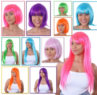 Ladies Bright Fancy Dress Wig Costume Neon Long Wig Bob Wig Cosplay ...