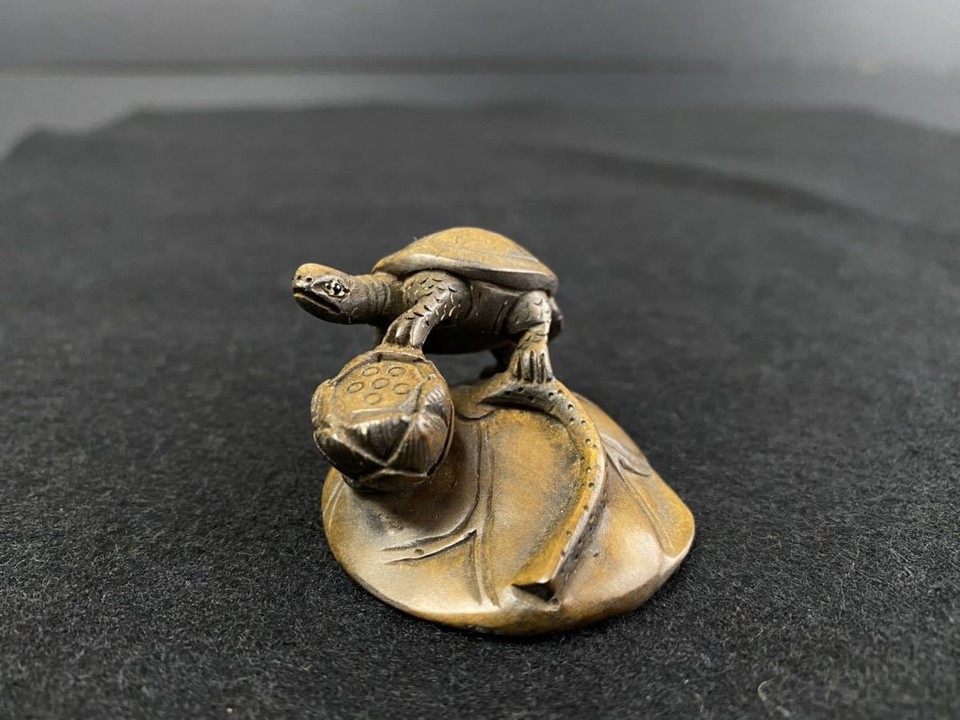 Japanese NETSUKE Charm Wooden Hand-carved Tortoise Turtle Lotus #42 ...