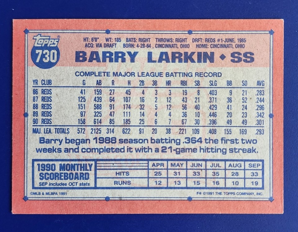 Barry Larkin AUTO 1991 Topps Desert Shield Storm #730 Autograph SSP ...