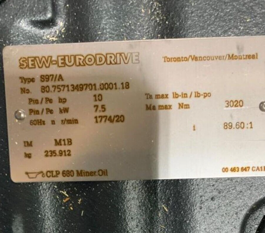 SEW EURODRIVE GEARMOTOR, TYPE S97/A DRN132M4/BE11-HPF 1774/20 RPM 89.60 ...