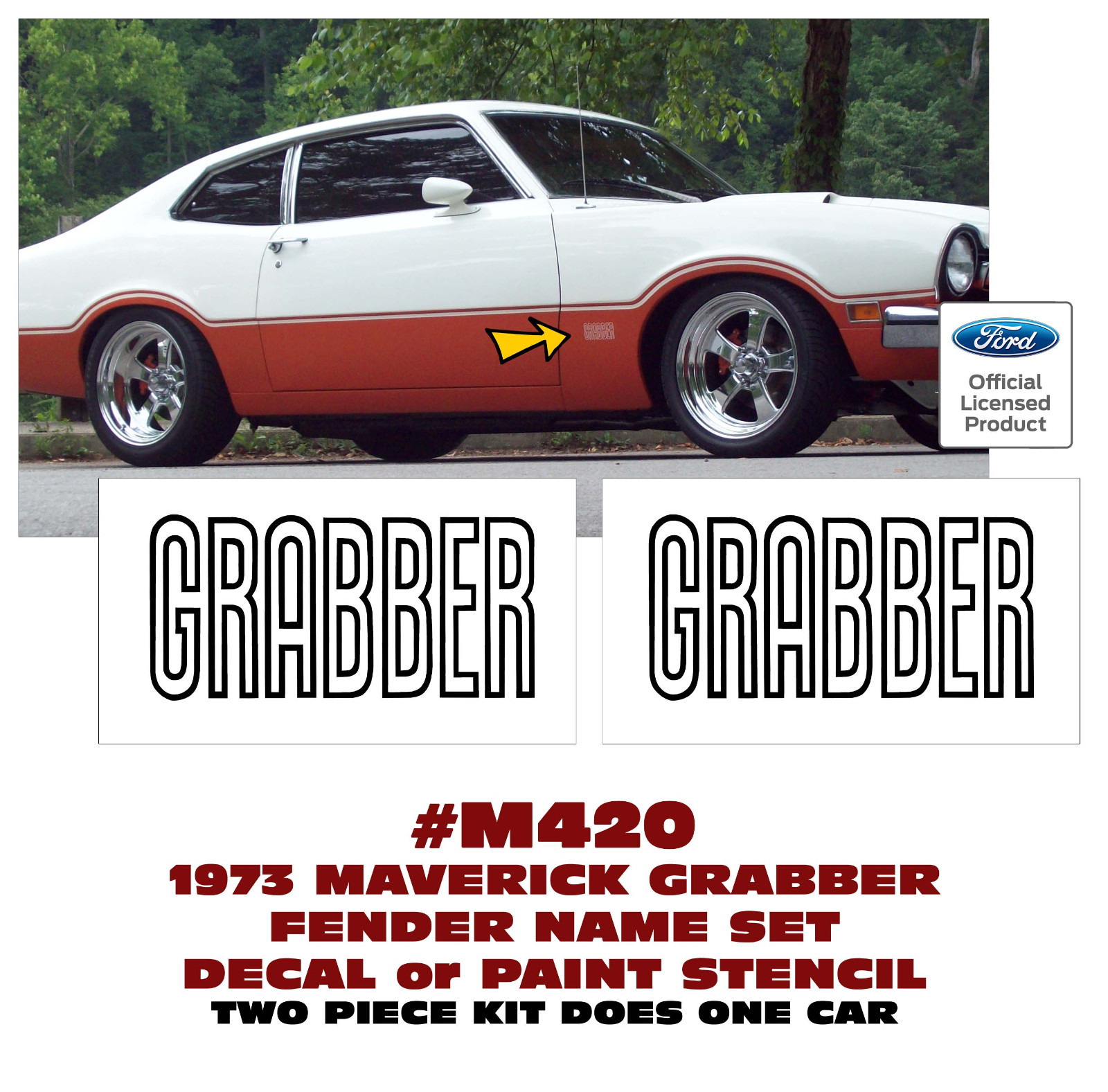 M420 1973 FORD MAVERICK - GRABBER FENDER NAME - PAINT STENCIL or DECAL ...