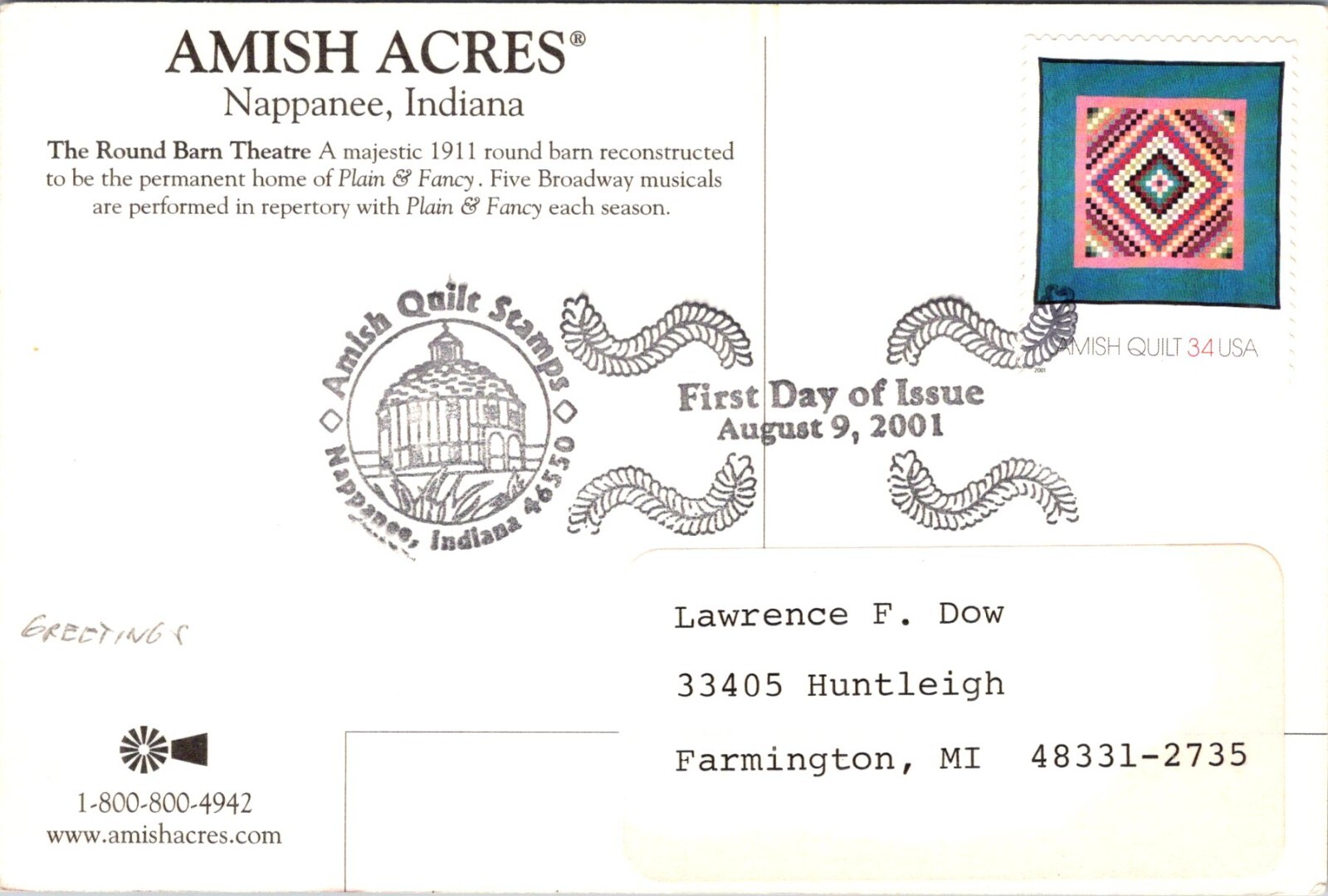 First Day of Issue Amish Acres Quilt Stamp 8 9 2001 34c Barn Cont ...