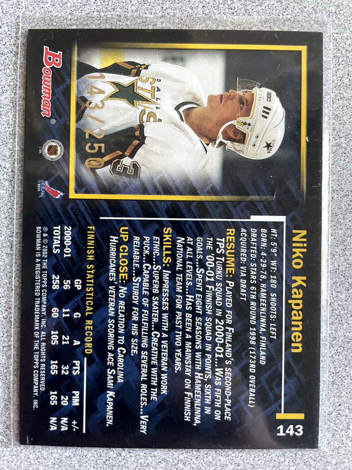 2001-02 Bowman YoungStars Niko Kapanen Gold Rookie Card /250 #143 ...