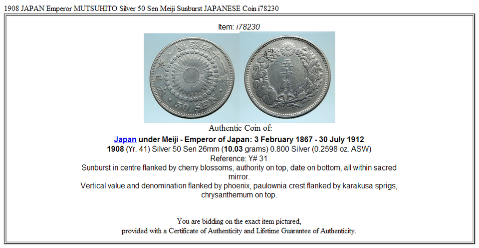 1908 JAPAN Emperor MUTSUHITO Silver 50 Sen Meiji Sunburst JAPANESE Coin ...