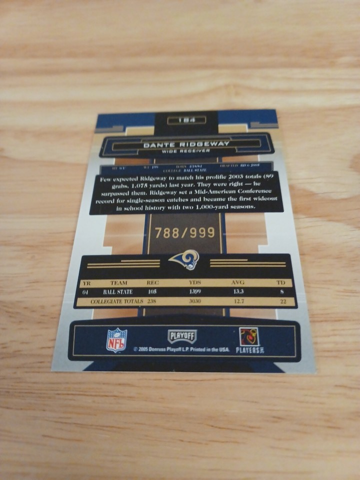 2005 Playoff Absolute Memorabilia #rd /999 Dante Ridgeway #184 Rookie ...