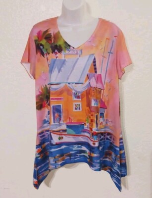 Ellen Negley*Print Design Bait Shop Top*Size Petite L*LNC*HiLo Bottom ...