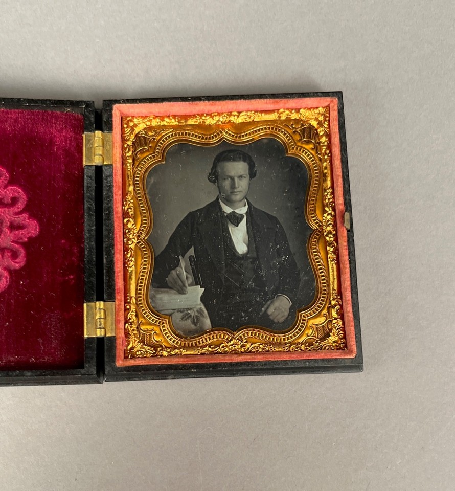 1/6 PLATE DAGUERREOTYPE GENT WRITING WITH A QUILL PEN, FINE ...