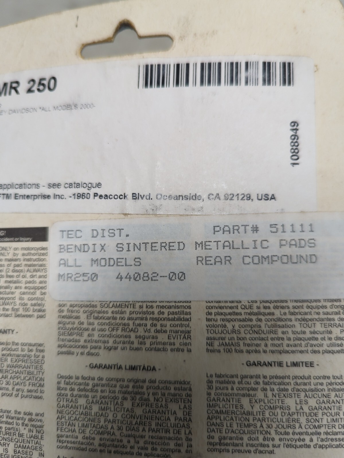 Bendix MR 250 Motorcycle Brake Pads 2 Sets Harley Davidson All 2000 ...