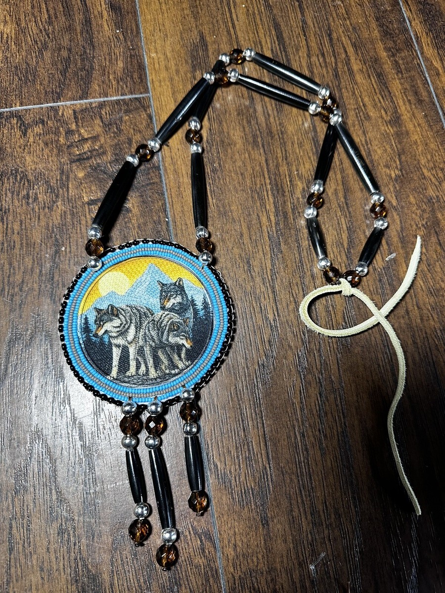 Native American Beaded Whale Medallion Pow Wow Regalia Blue And Gold
