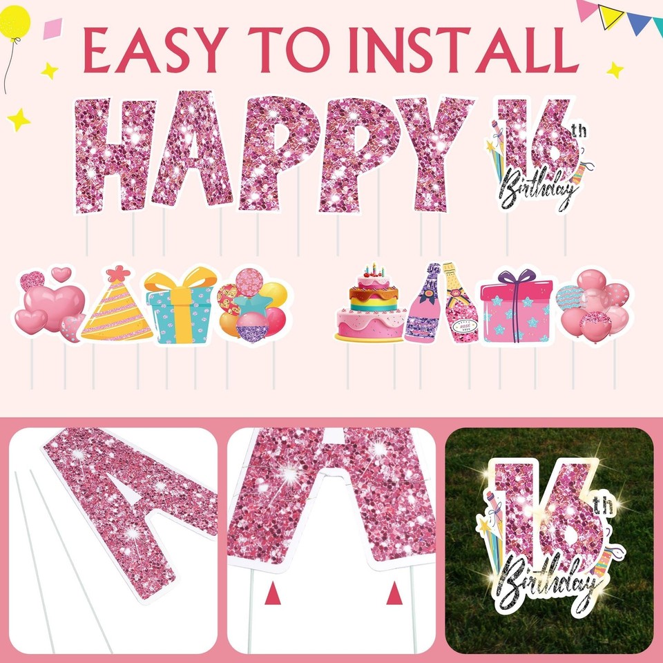 14 Pieces 16th Happy Birthday Yard Signs with Stakes Large Happy ...