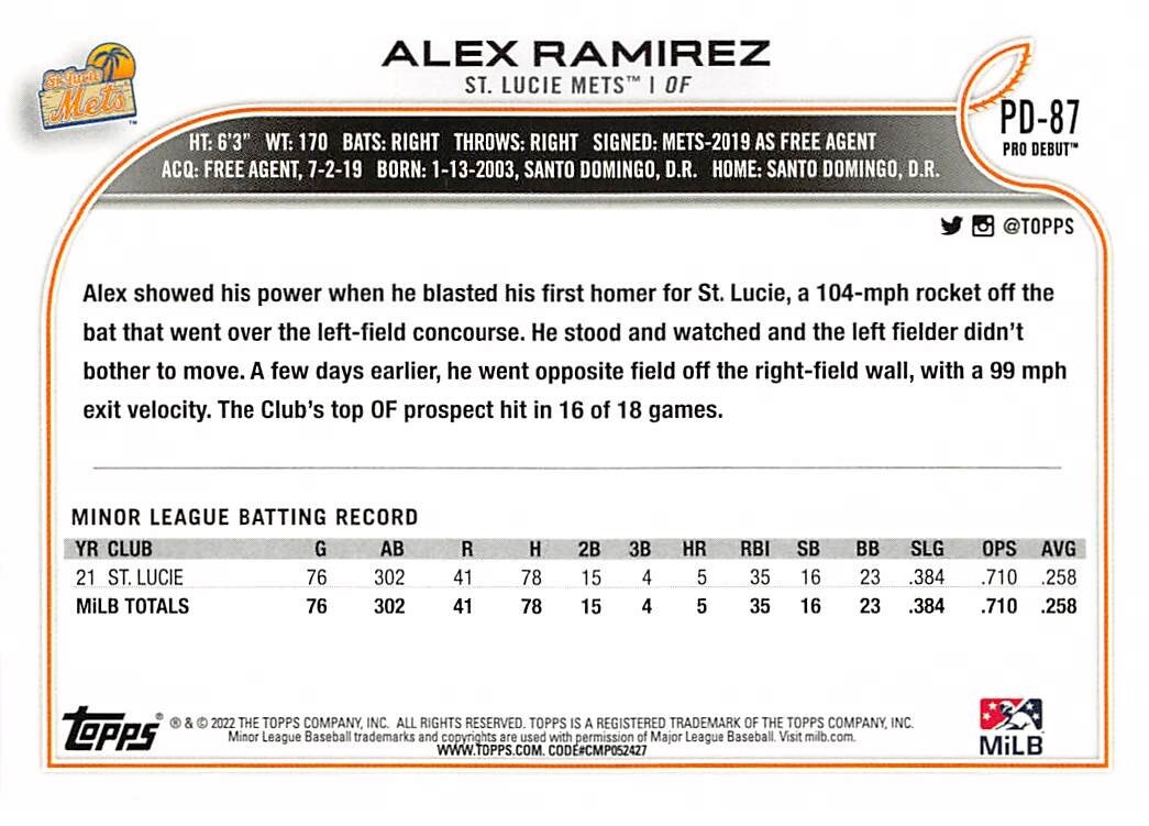 2022 TOPPS PRO DEBUT (#PD-87) - ALEX RAMIREZ | eBay