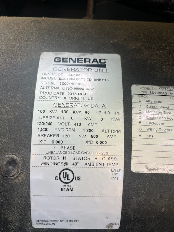 2016 Genera 100 kw diesel generator 120/240 1 phase 166.9 hours | eBay