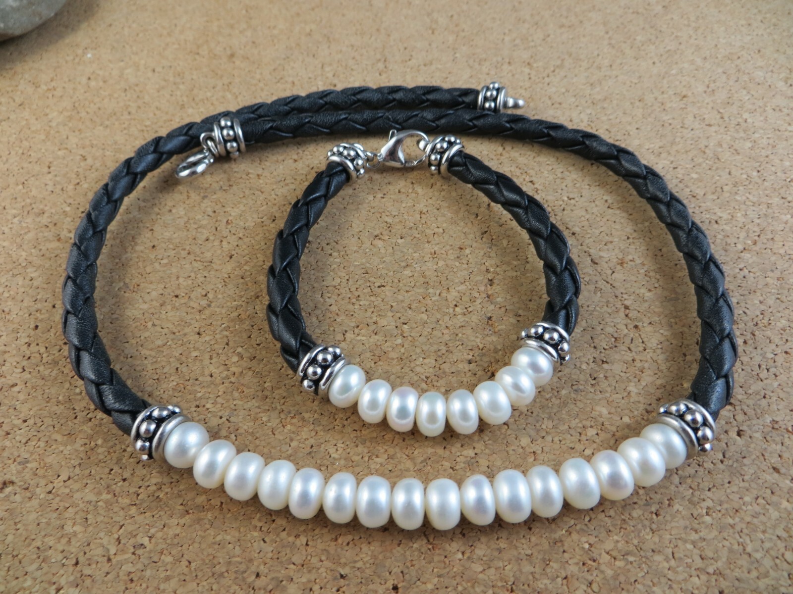 Honora Collection White Pearl Black Braided Leather N… - Gem