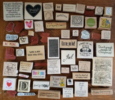 HUGE LOT OF 62 ASSORTED RUBBER STAMPS WORDS AND PHRASES Stampin Up etc ...