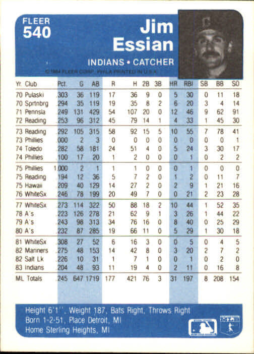 1984 Fleer Baseball Card #540 Jim Essian | eBay
