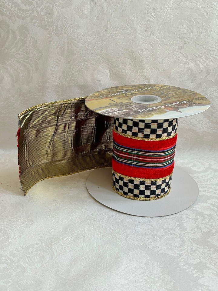 (1 Yard) Mackenzie Childs 4" Wide Holiday HIGHLAND RIBBON w/Courtly ...