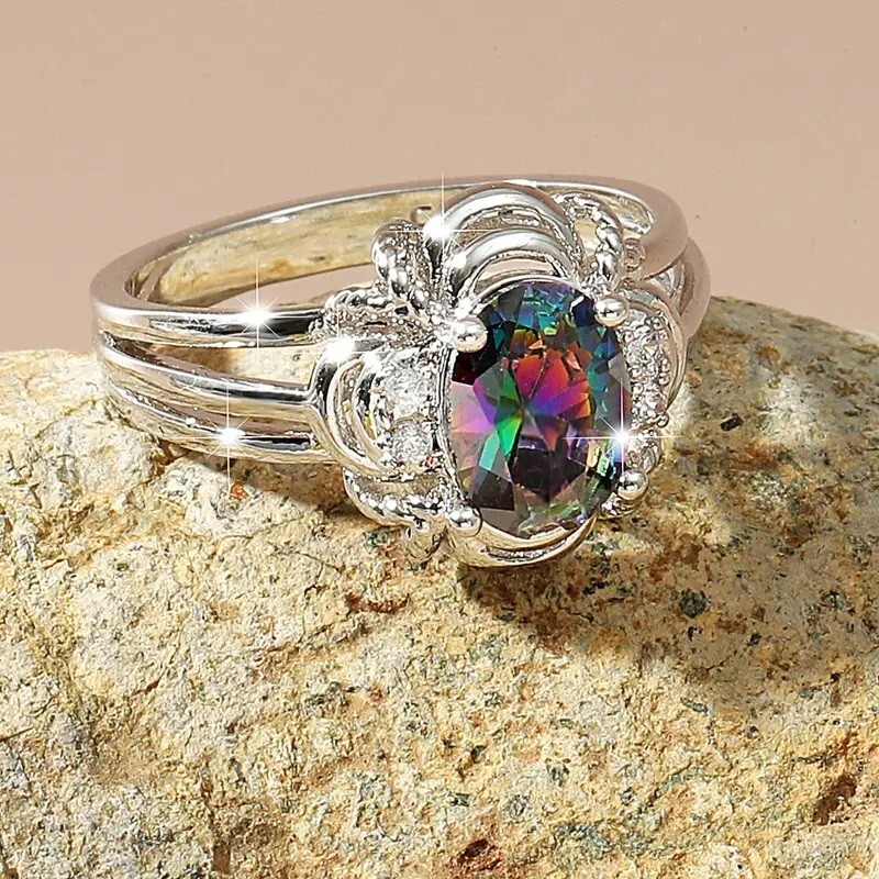 925 Sterling Silver Rainbow Mystical Fire Topaz Wedding Engagement Ring ...