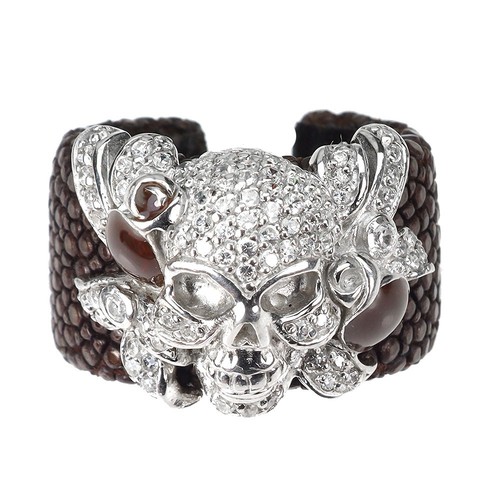 925 Sterling Silver Adjustable Ring Round Simulated Cz Skull Stingray ...