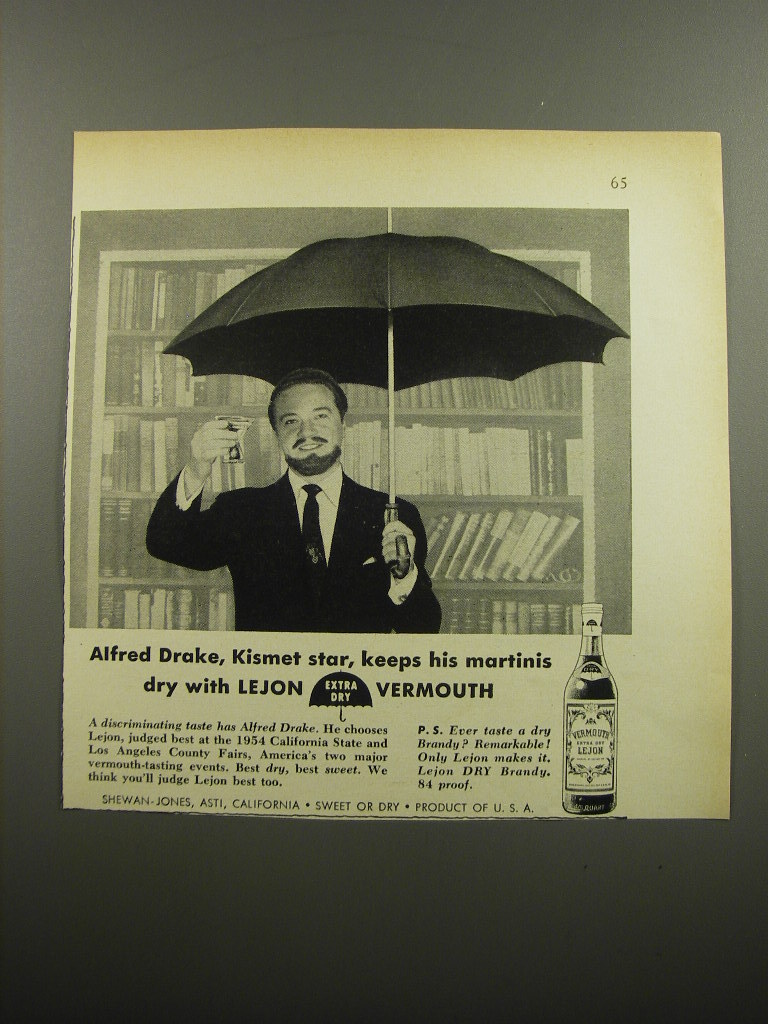 1955 Lejon Vermouth Ad - Alfred Drake, Kismet star, keeps his martinis ...