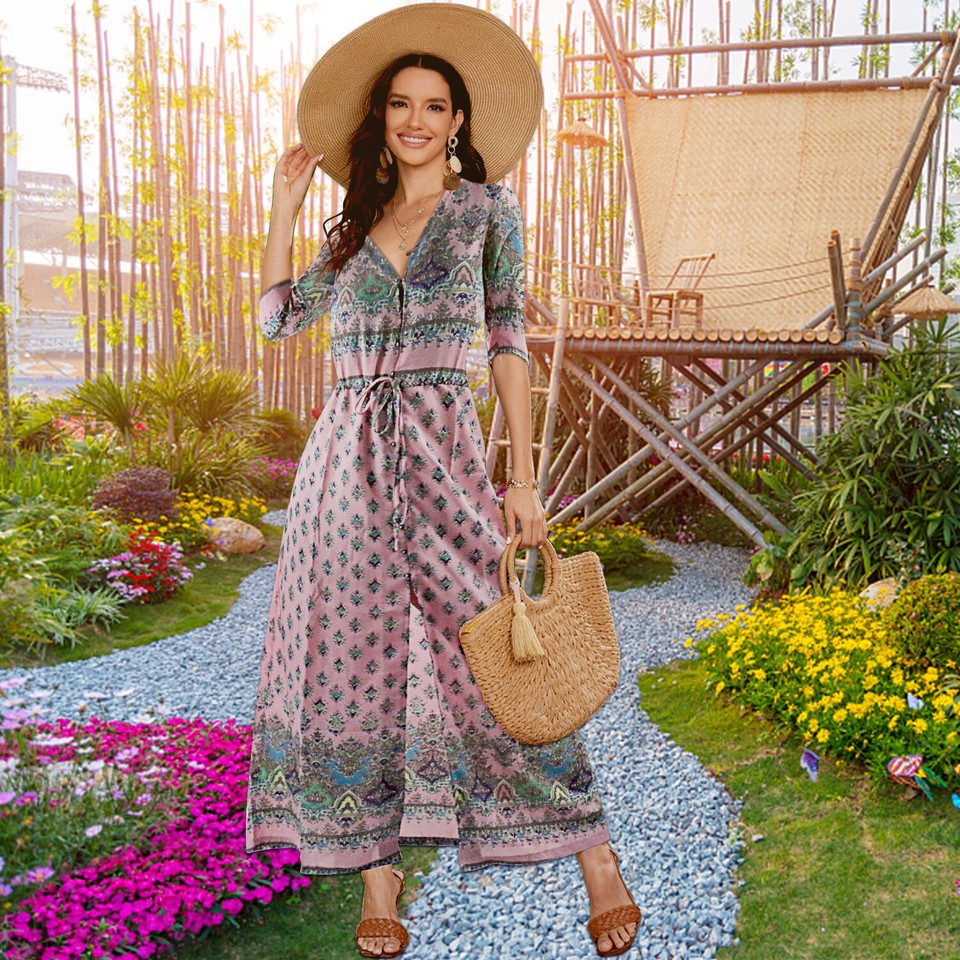 Women Lady Boho Kimono Sleeve Floral Long Maxi Summer Beach Dress ...