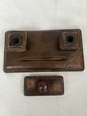 Antique Desk Set Leather Tooled Detailing Rocker Blotter Pen Holder | eBay