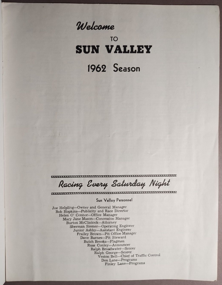 1962 Sun Valley Speedway Little 500 Sprint Car Racing Program w/Insert ...