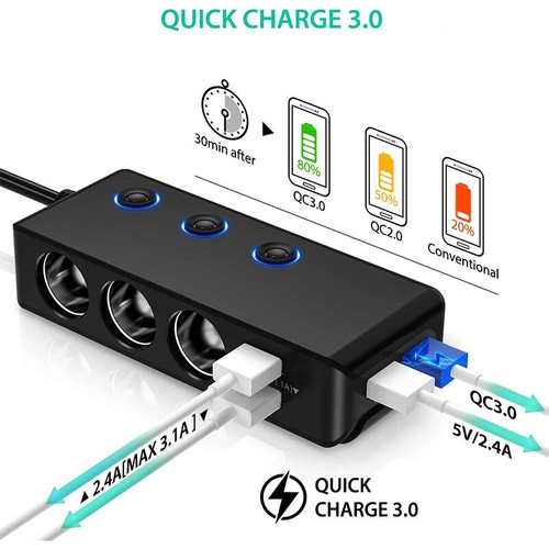3 Way 12V Multi Socket Car Cigarette Lighter Splitter USB 120W Charger Adapter | eBay