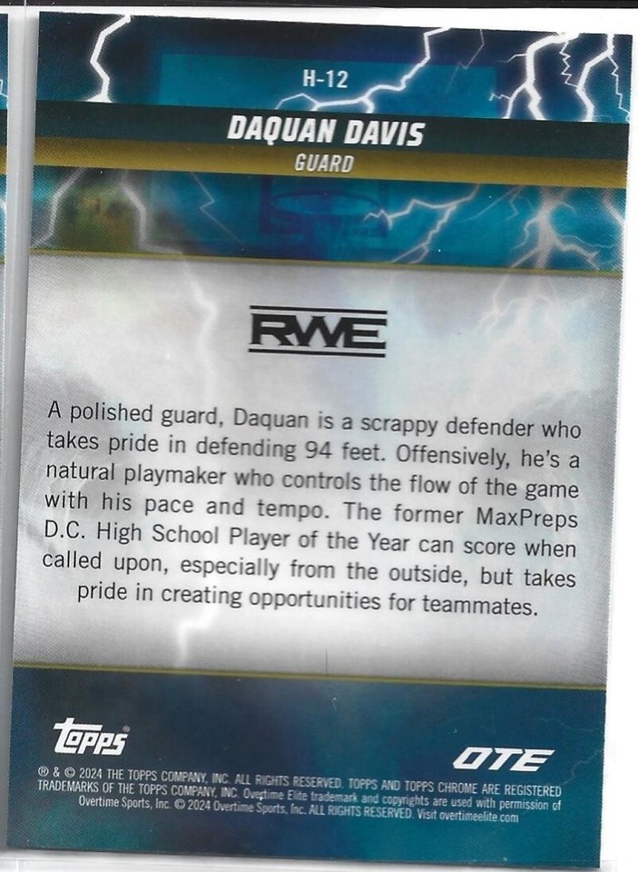 2023-24 Topps Chrome OTE Overtime Elite Daquan Davis #H-12 Hurricane ...
