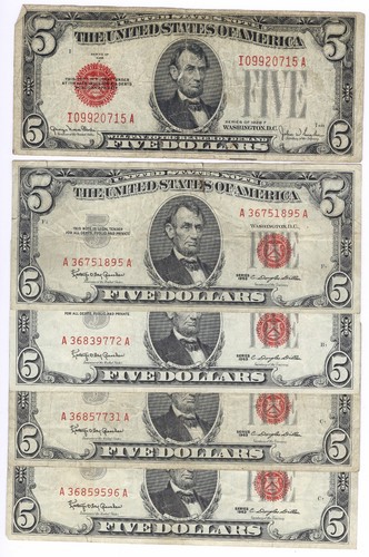 FIVE - $5.00 Red Seal United States Notes + 1928 & 1963 + No Reserve ...