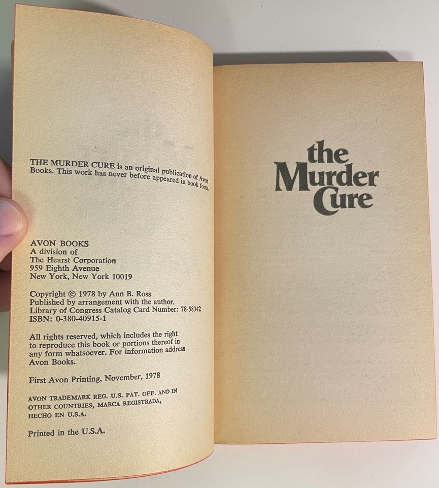 The Murder Cure - Ann B Ross (1978 Avon PBO, Ross's 1st Novel, Miss ...