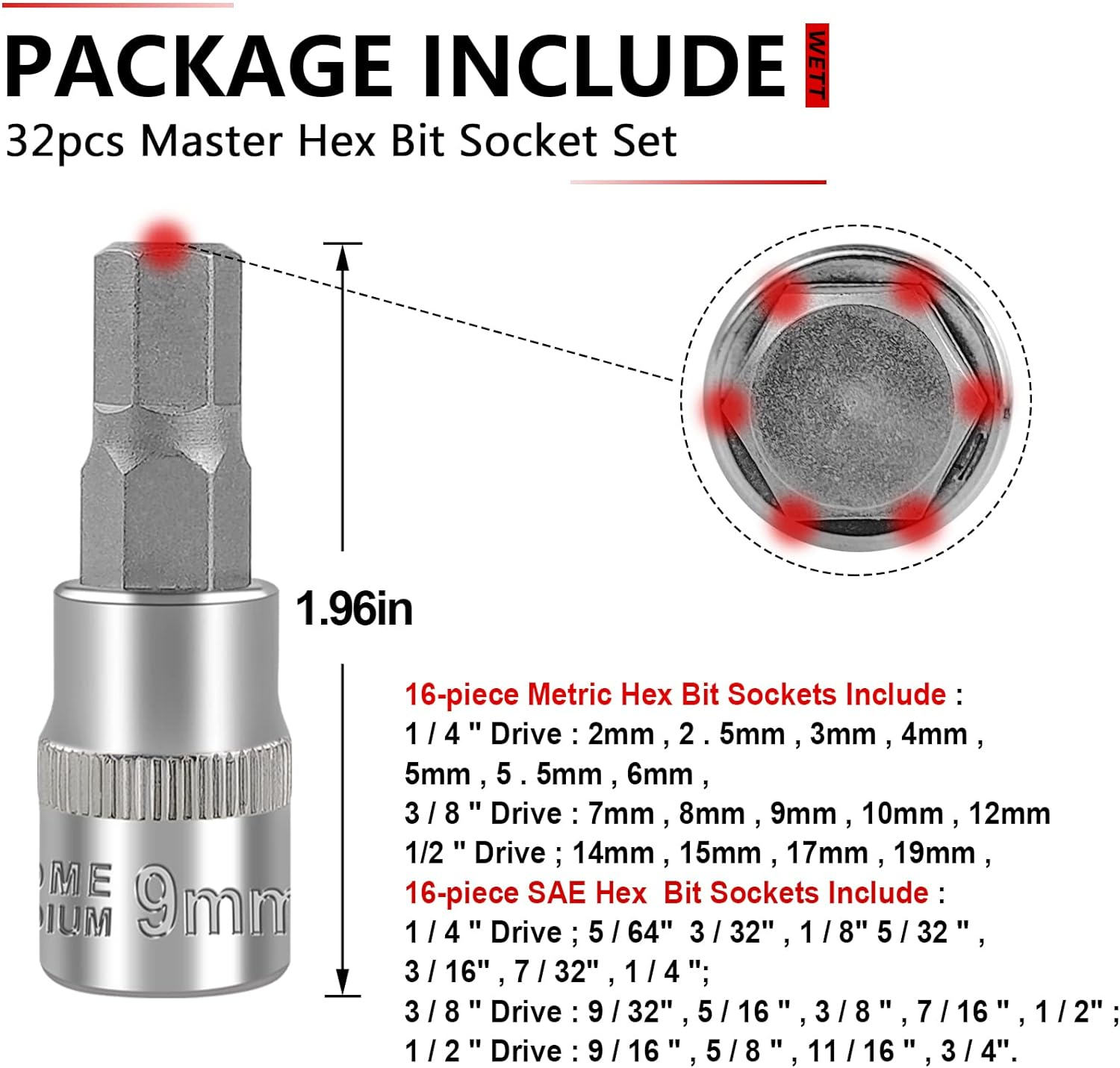 WETT 32pcs Master Hex Bit Socket Set, Allen Socket Set, 1/4'', 3/8', 1/ ...