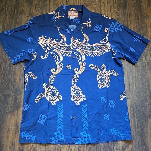 Vtg RJC Mens Tapa Pattern Sea Turtles Blue Hawaiian Shirt Size XL USA ...