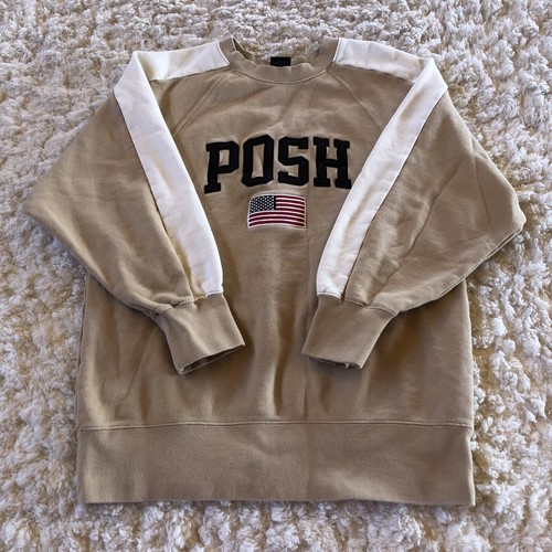 Moussy Posh Graphic Sweater Beige Fleece Lined USA Flag Size L Chest 40 ...