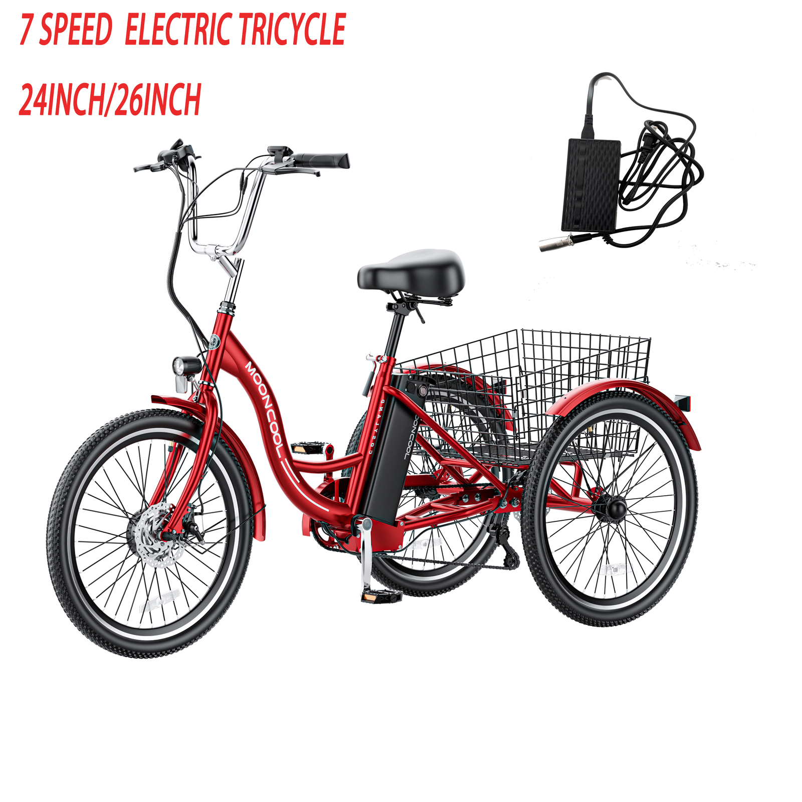 MOONCOOL Electric Tricycle for Adults 24" 26" 7 Speed Trike 350w 36V ...