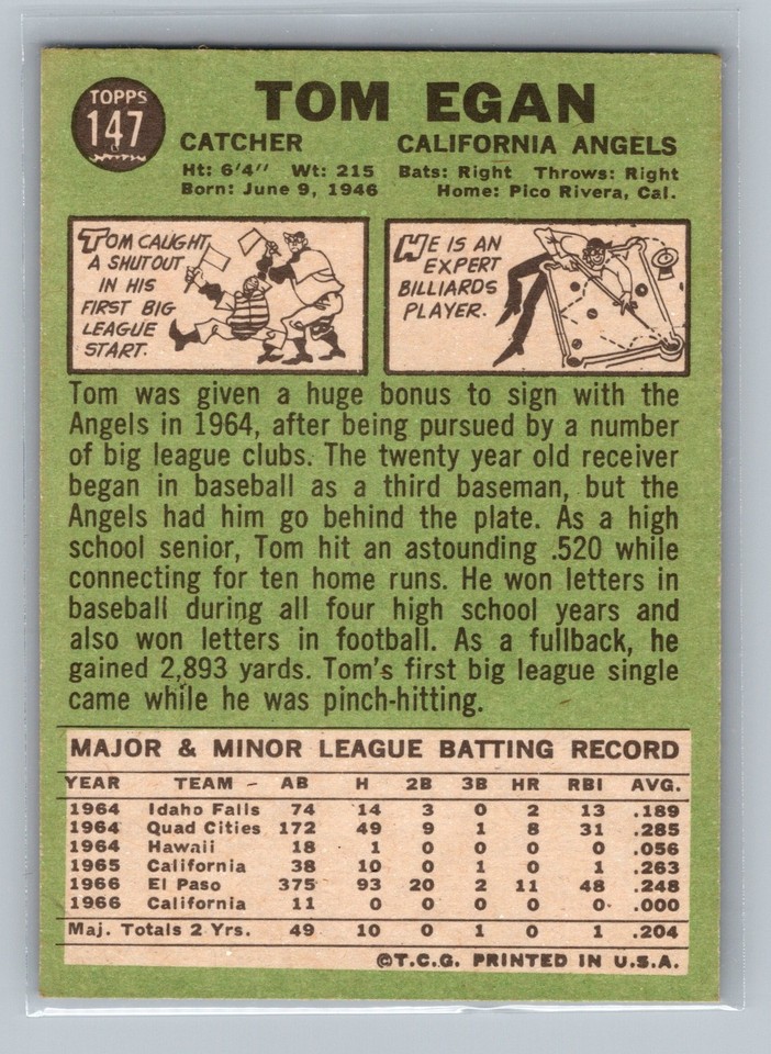 1967 Topps Tom Egan #147 - California Angels - EX to NEAR MINT | eBay