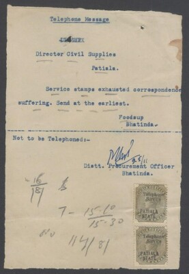 AOP India Patala State TELEPHONE STAMPS on message form re: Service ...