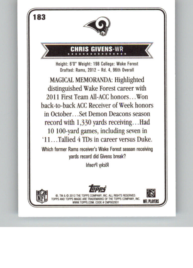 2012 Topps Magic - Mini #183 Chris Givens (RC) for sale online | eBay