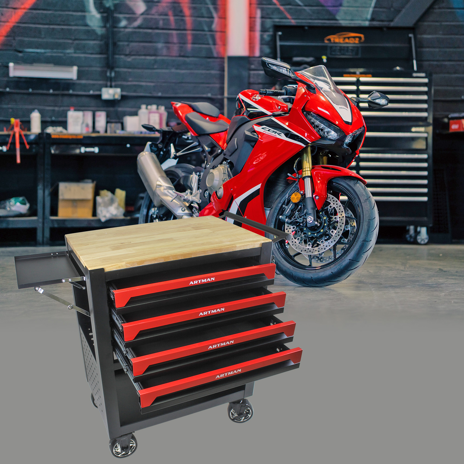 35"H Tool Box w/Wheels 4 Drawers Rolling Tool Cart, Wooden Top ...