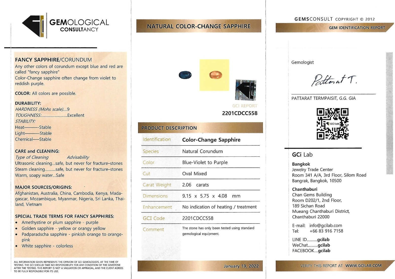 2.06Ct "GCI" CERTIFIED ! UNTREATED COLOR CHANGE BLUE-VIOLET TO PURPLE ...