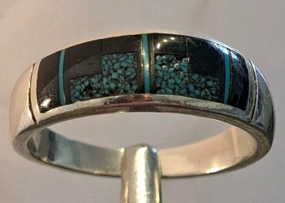 Native American Handmade Sterling Silver Lander Turquoise Onyx Inlay ...