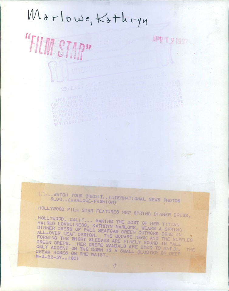 1937 Press Photo Actress Kathryn Marlowe Models New Spring Dinner Dress ...