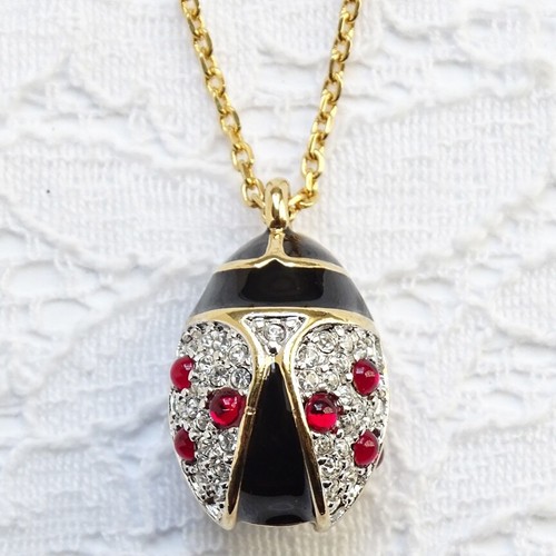 Vintage Joan Rivers Ladybug Egg Pendant Necklace Enamel Crystal ...