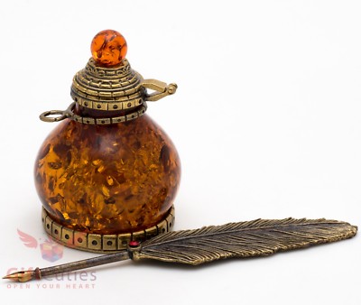 Solid Brass Amber InkWell with feather pen Figurine IronWork | eBay