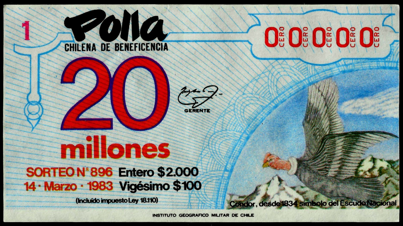 CHILE, LOTTERY TICKET, "POLLA CHILENA", GAME # 896, YEAR 1983, NUMBER ...