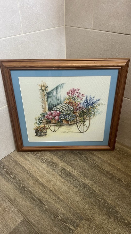 Framed Cross Stitch Lanarte Flower Cart Wall Hanging Home | eBay UK