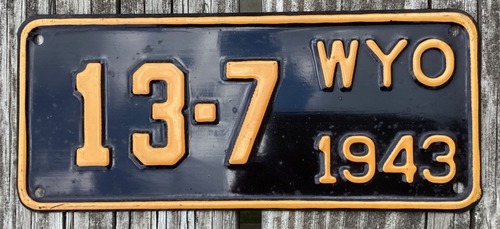 1943 WYOMING MOTORCYCLE LICENSE PLATE 13-7 LOW NUMBER ORIGINAL ...