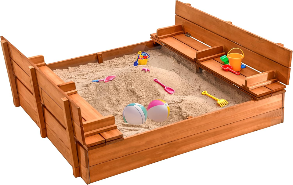 Large Wooden Kids Sandbox with Lid – Outdoor Sand Box for Kids with ...