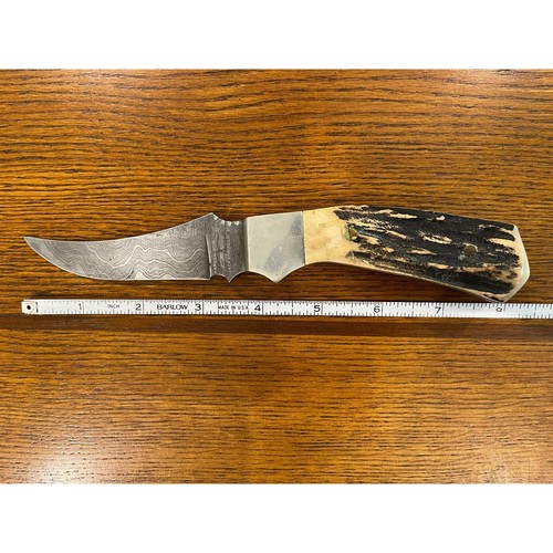 Parker-Edwards 8 1/4" Trailing Point Knife w/Damascus Blade & Stag ...